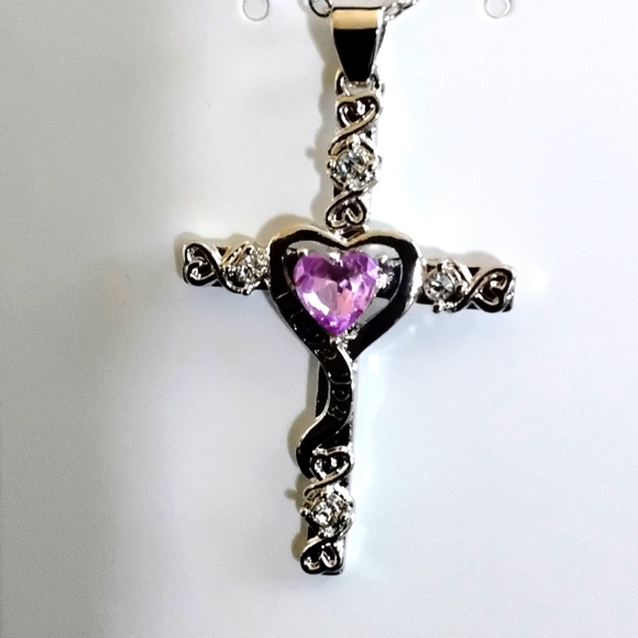 Jewelry | Beautiful Silver Cross With Pink Heart Jewel On 8 Inch Chain ...
